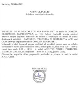 Anunt public solicitare autorizatie de mediu in scopul desfasurarii ...