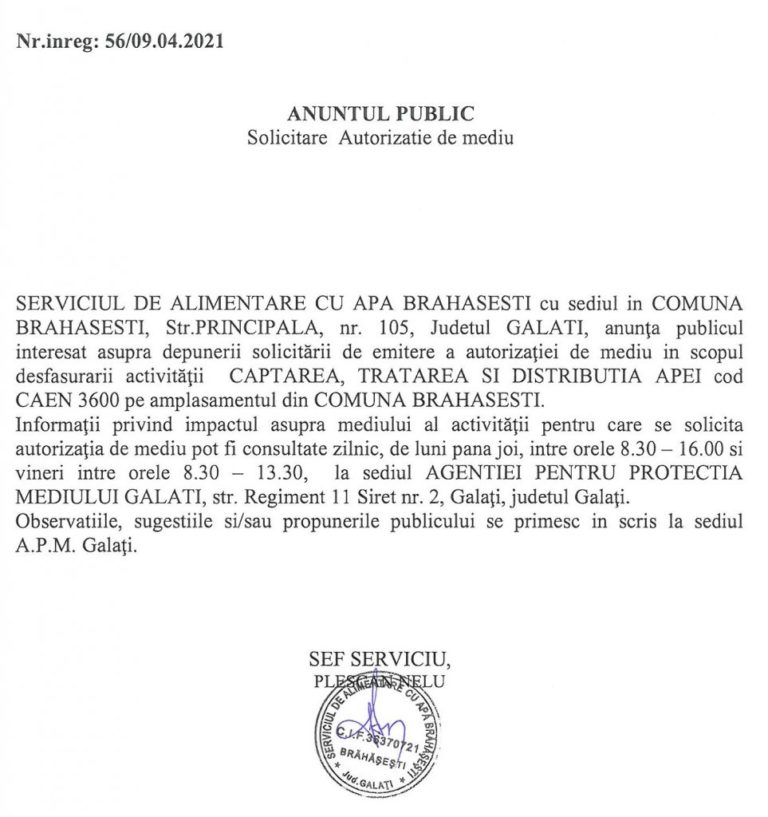 Anunt public solicitare autorizatie de mediu in scopul desfasurarii activitatii CAPTAREA ...